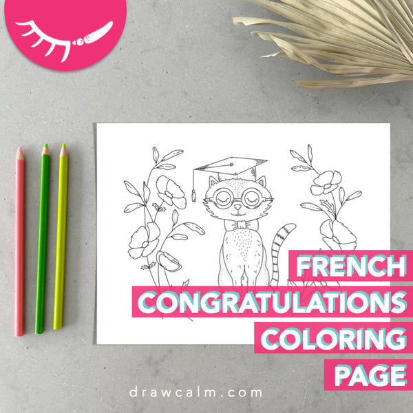 Printable Coloring Page Cat │ Printable French Graduation Pun – Draw Calm